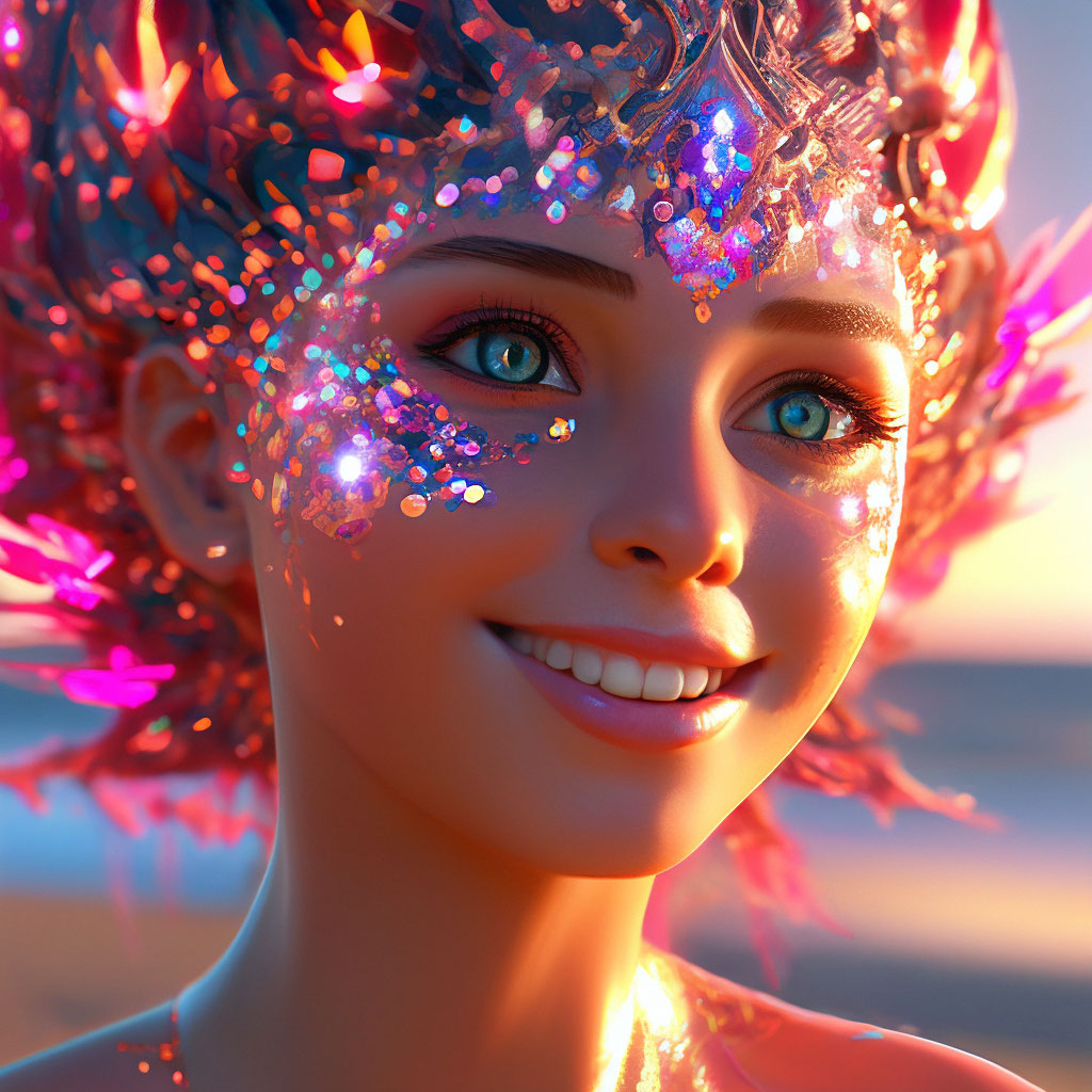 "Surrealism, cute girl on the beach, close-up, consists of fractals ...