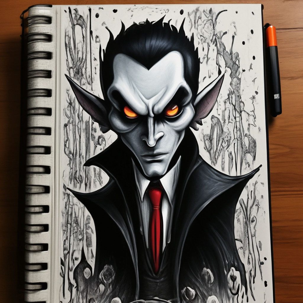 "Sketchbook, helium pens, graffiti, clear lines, cartoon vampire ...