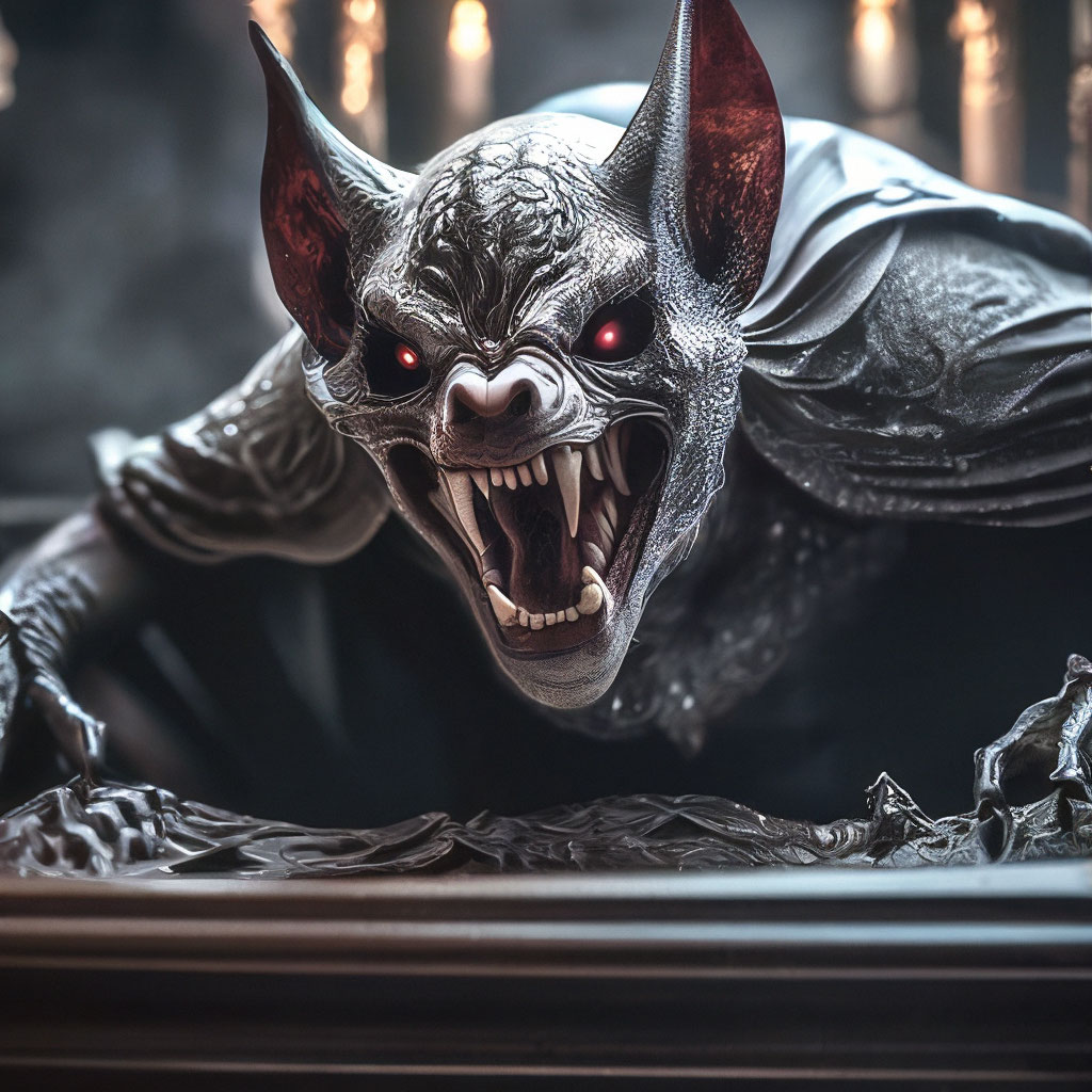 "Vampire in a coffin, detailed Vampire, bats, detailed sharp fangs ...