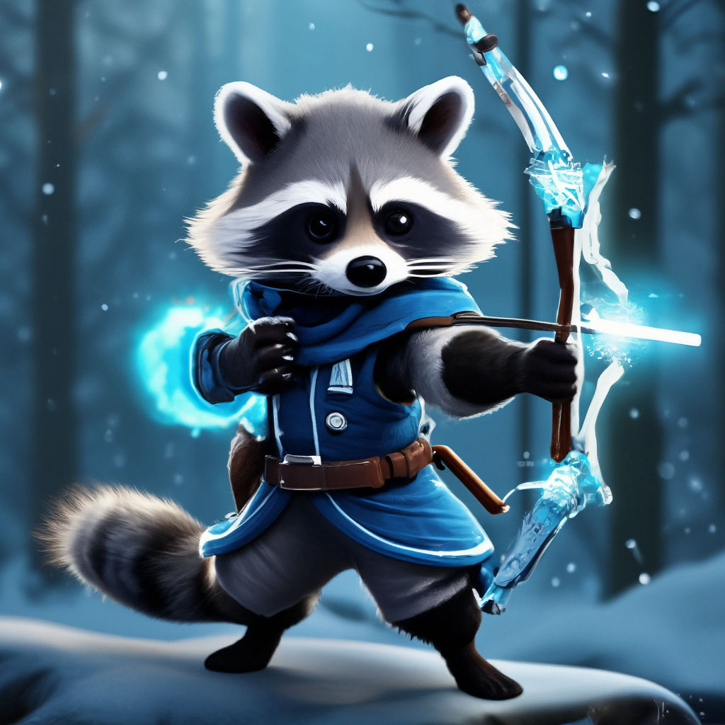 "Raccoon archer, magic bow, shoots icy ghost arrows" — image created in ...