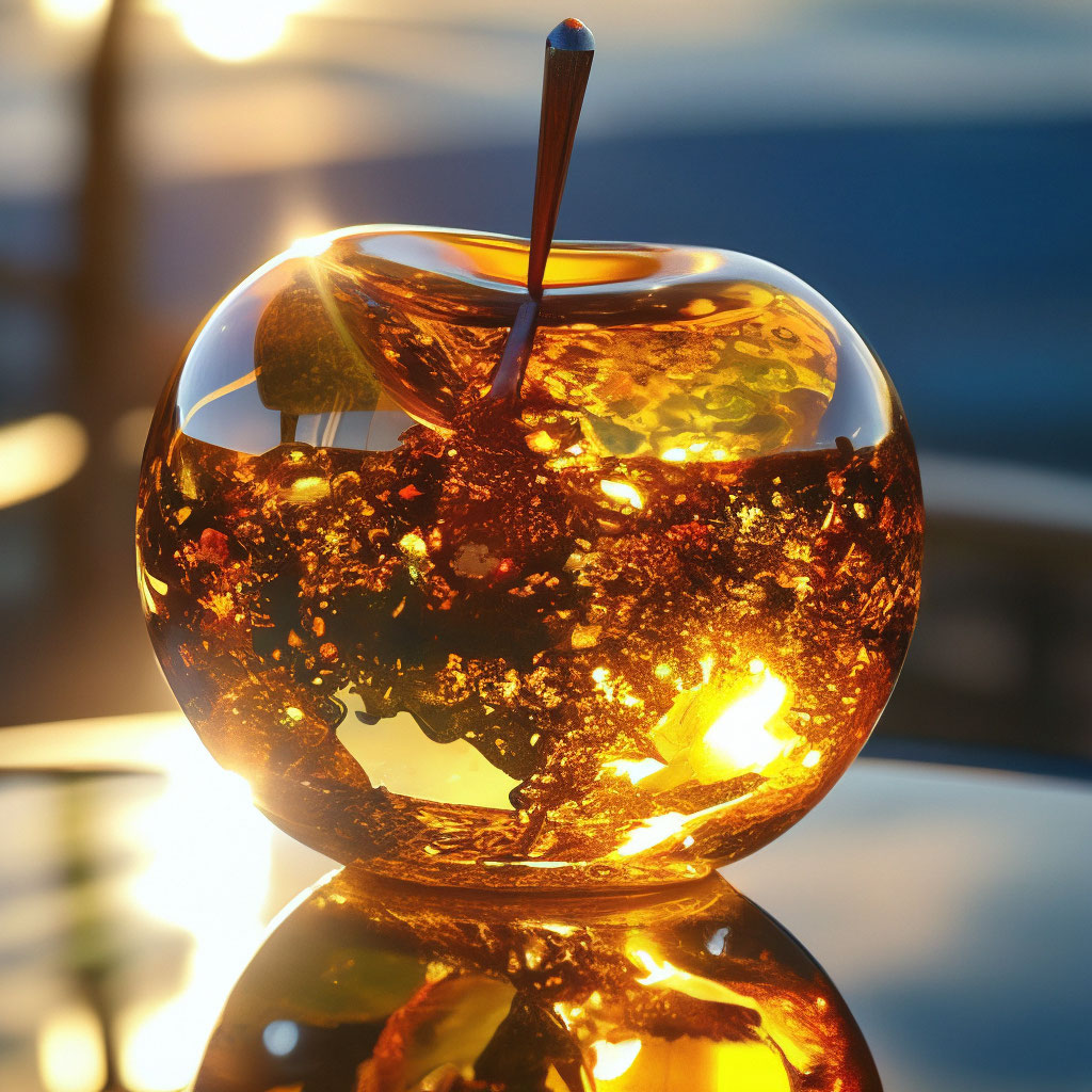 "A magic apple made of amber. mirror table, sun, glare, dynamics, super ...