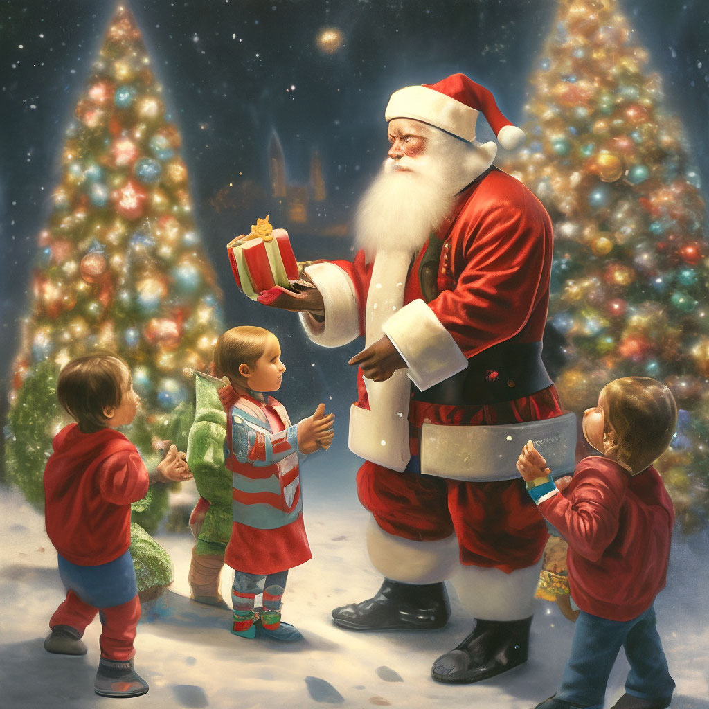 "Santa Claus stands and distributes gifts to children near the ...