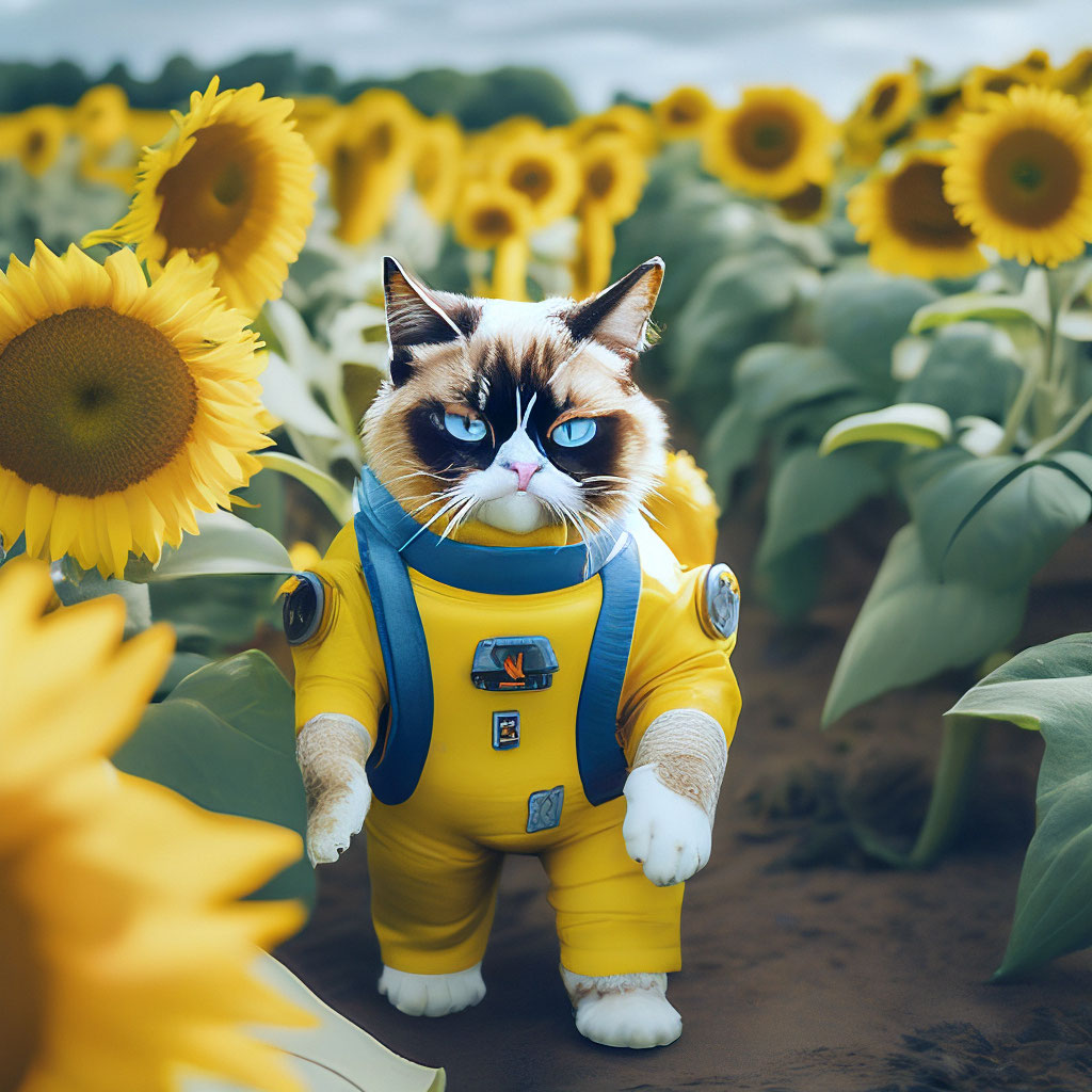 "🐾The world of animals🐾 Grumpy Cat in a yellow spacesuit walks through ...