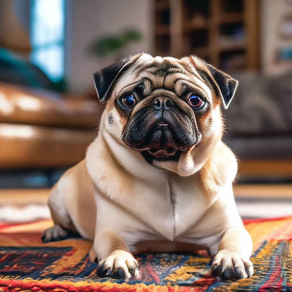 "A beautiful pug is sitting on a rug in the house, professional photo ...