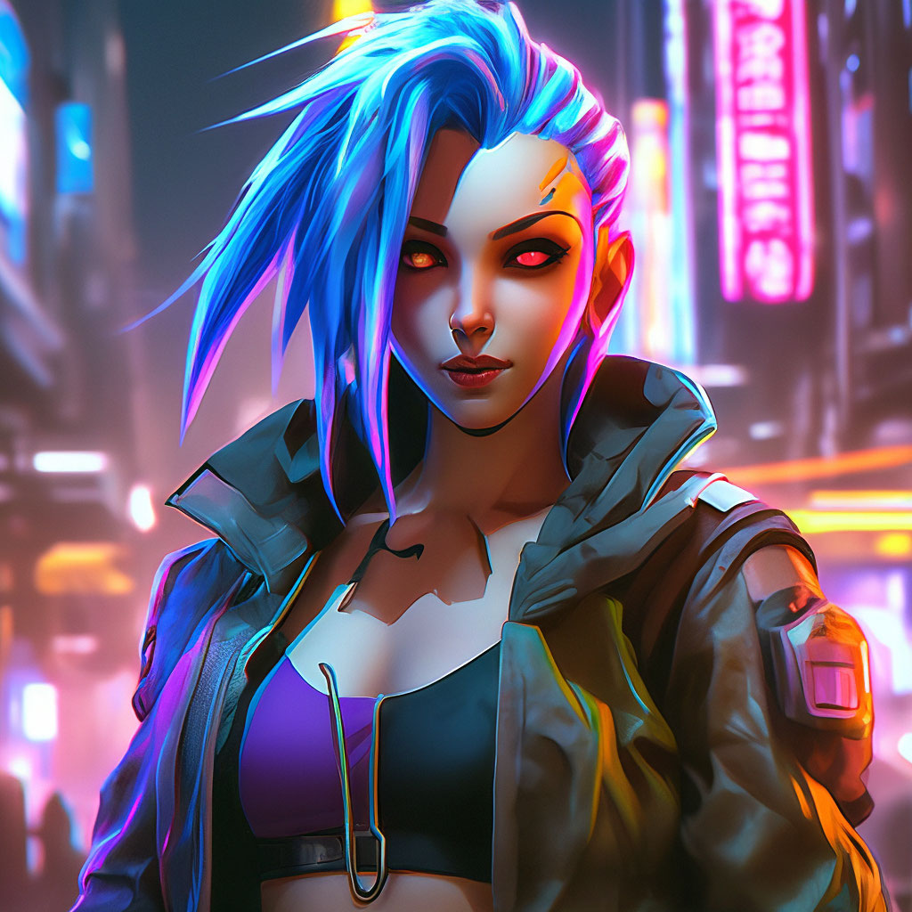 "Drawing, illustration of Jinx in the neon city of a militant girl in ...