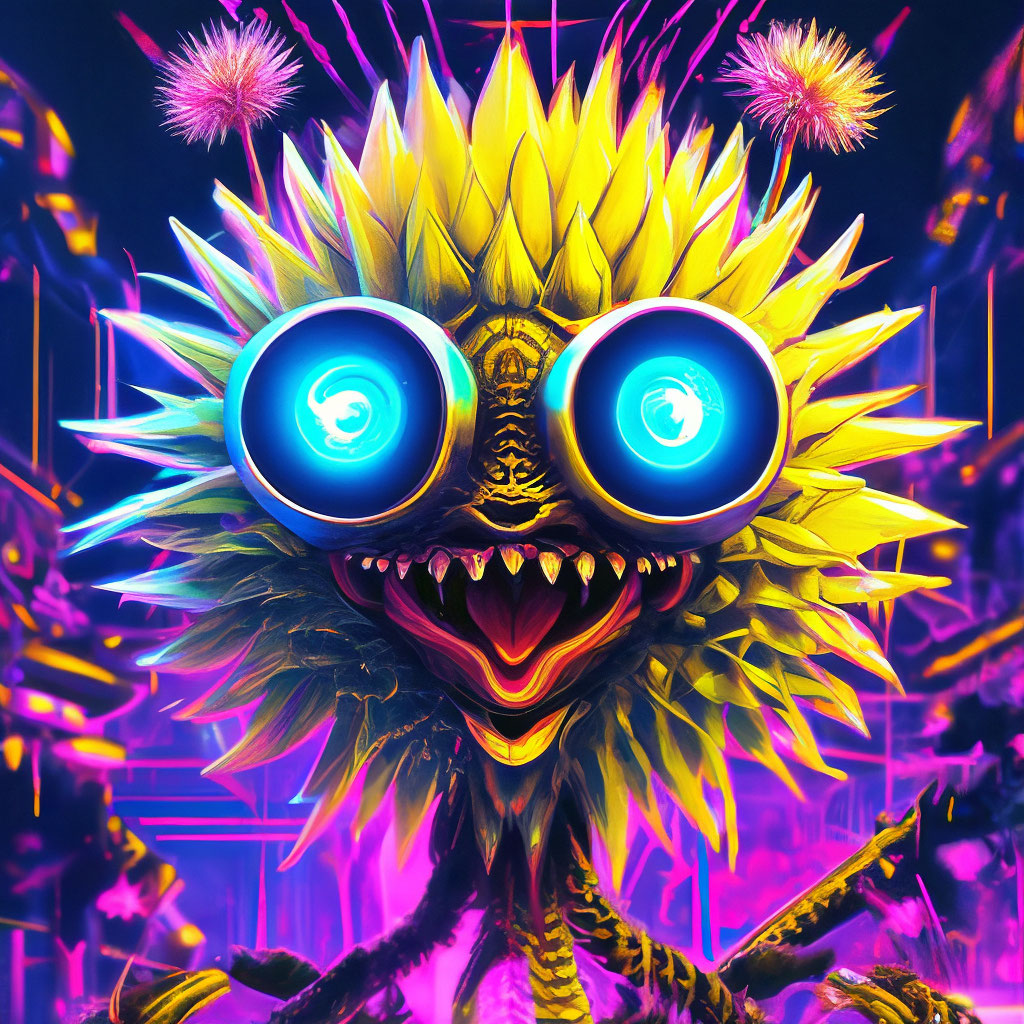 "A hybrid of dandelion and amogus with eyes smiling in surprise ...