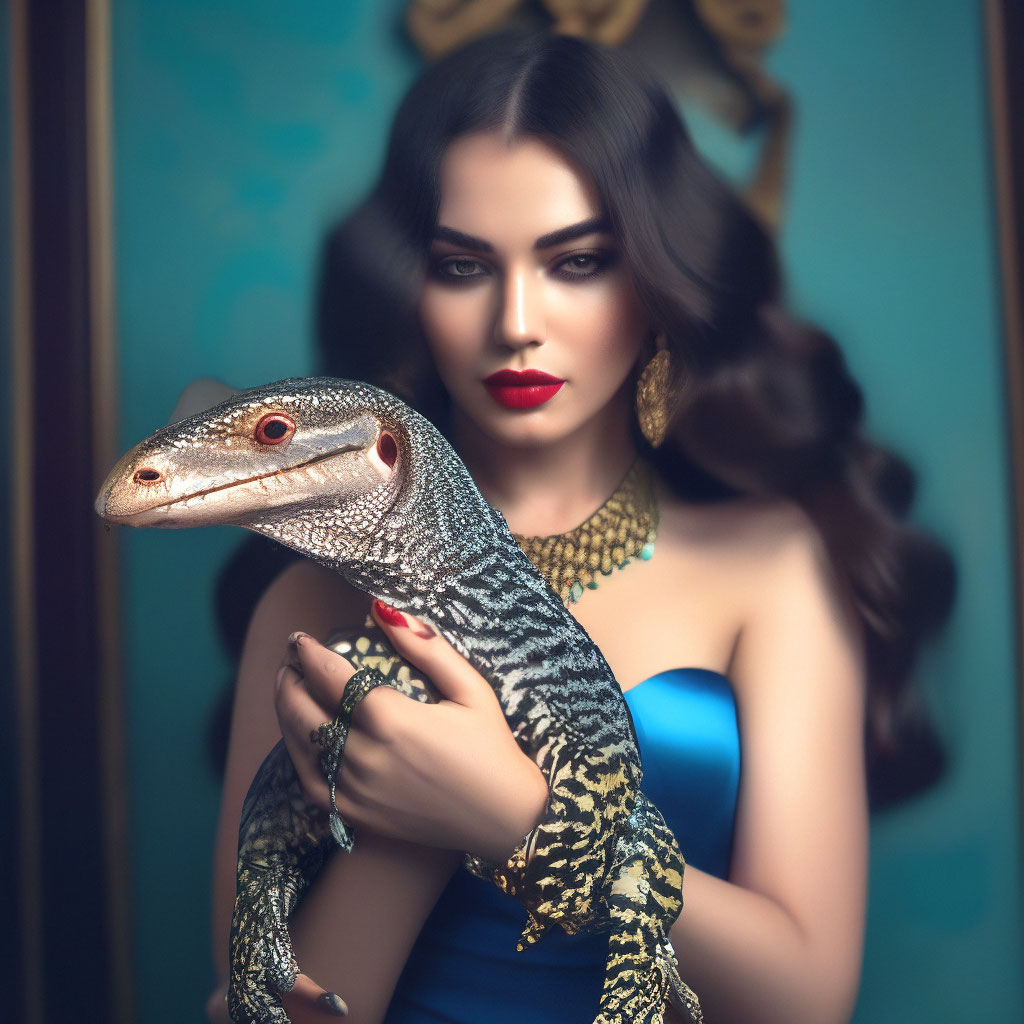 "A girl holding a small monitor lizard in her hands, posing, unusual ...