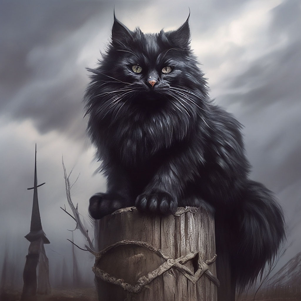 "Slavic mythology: bayun cat, big fluffy black cat, iron claws, sitting ...