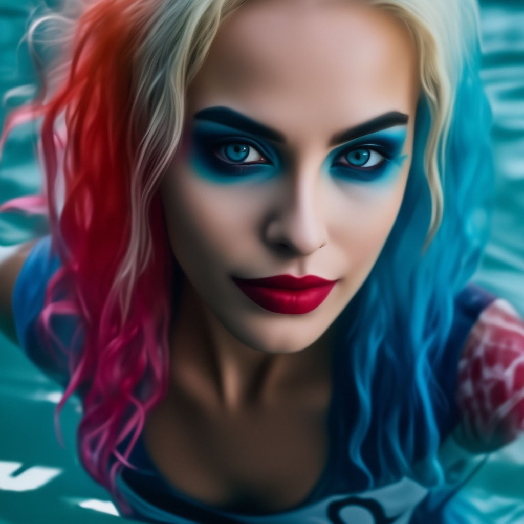 "Harley Quinn, bright makeup, colored wet hair, in the image of a ...