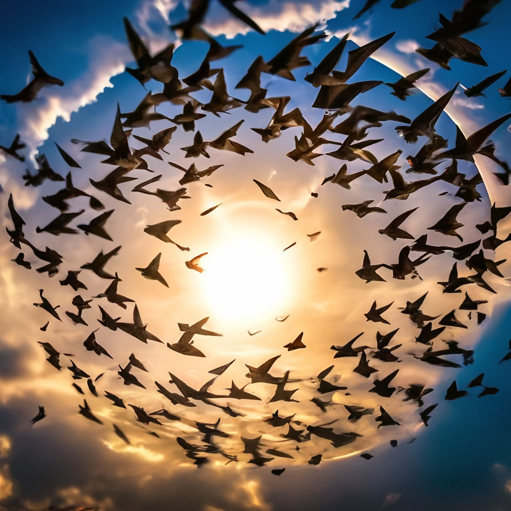 "🌀🍁 a circle of black birds in the sky around the sun. view from afar ...