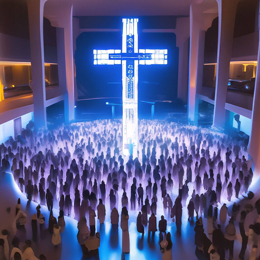 "Neuropunk 108 people in white are standing around a huge detailed ...