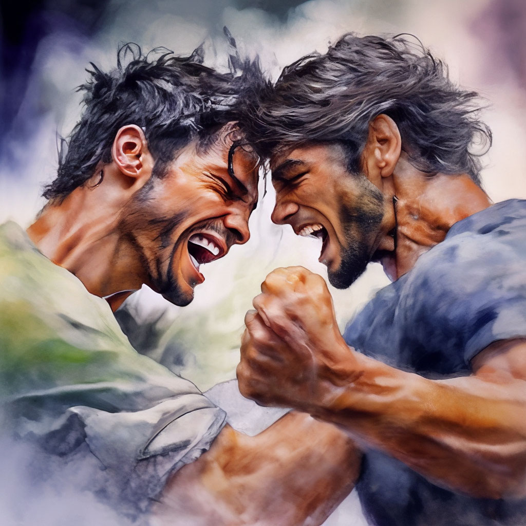 "Wet watercolor, drawing, fist fight between two men because of a lady ...