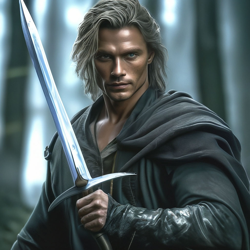 "Very realistic handsome rogue guy, magic. with dagger ...