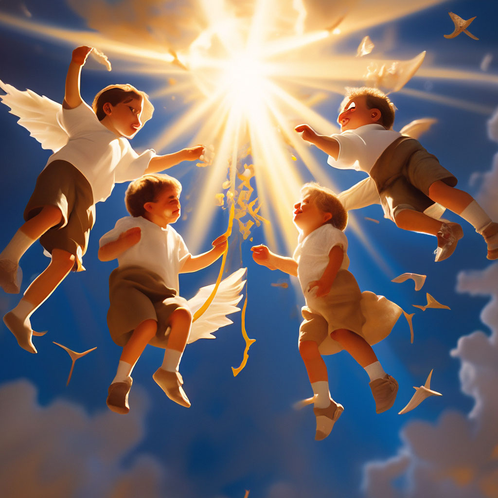 "Children are angels in the sky. Against a background of bright light ...