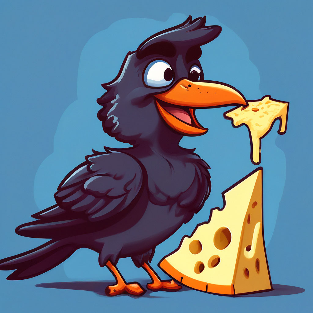 "Cartoon crow eats cheese" — image created in Shedevrum