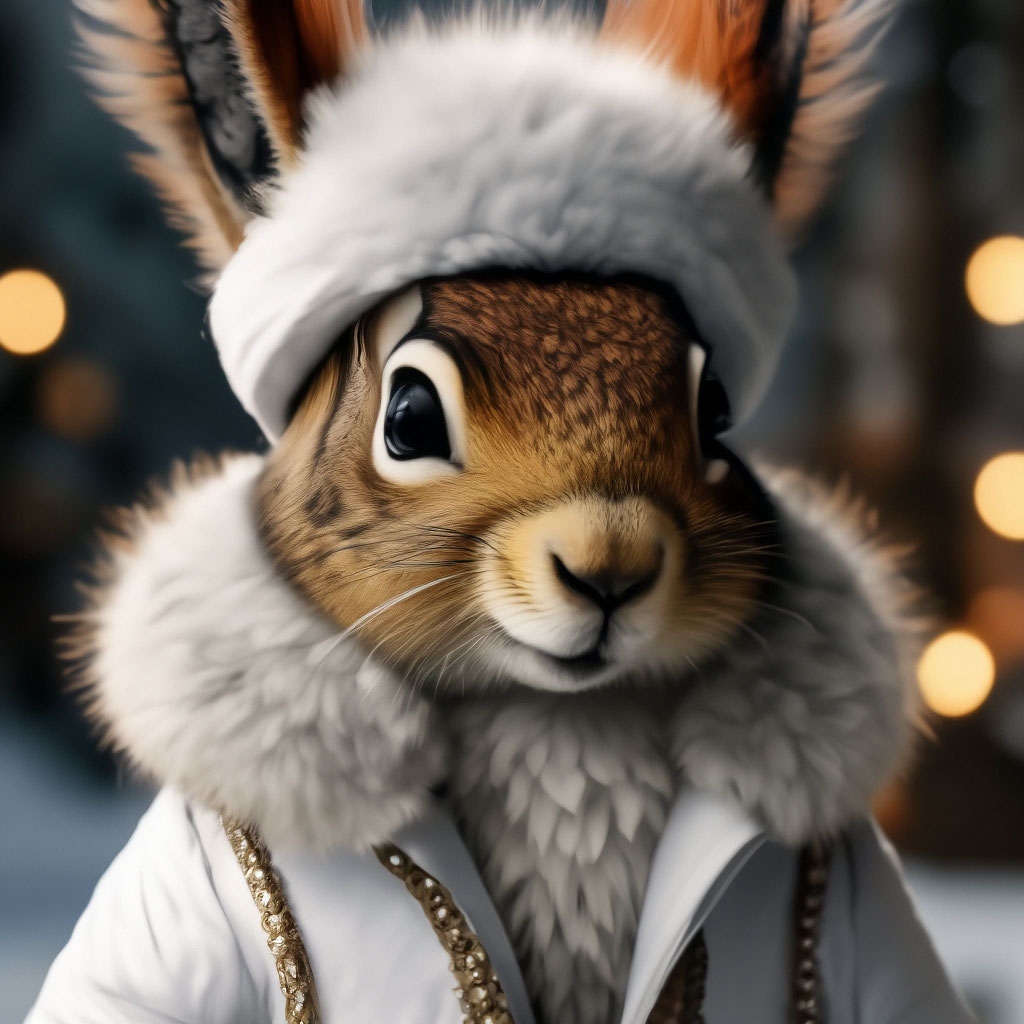 "Squirrel in a white fur coat and hat, photorealism, winter, detailed ...