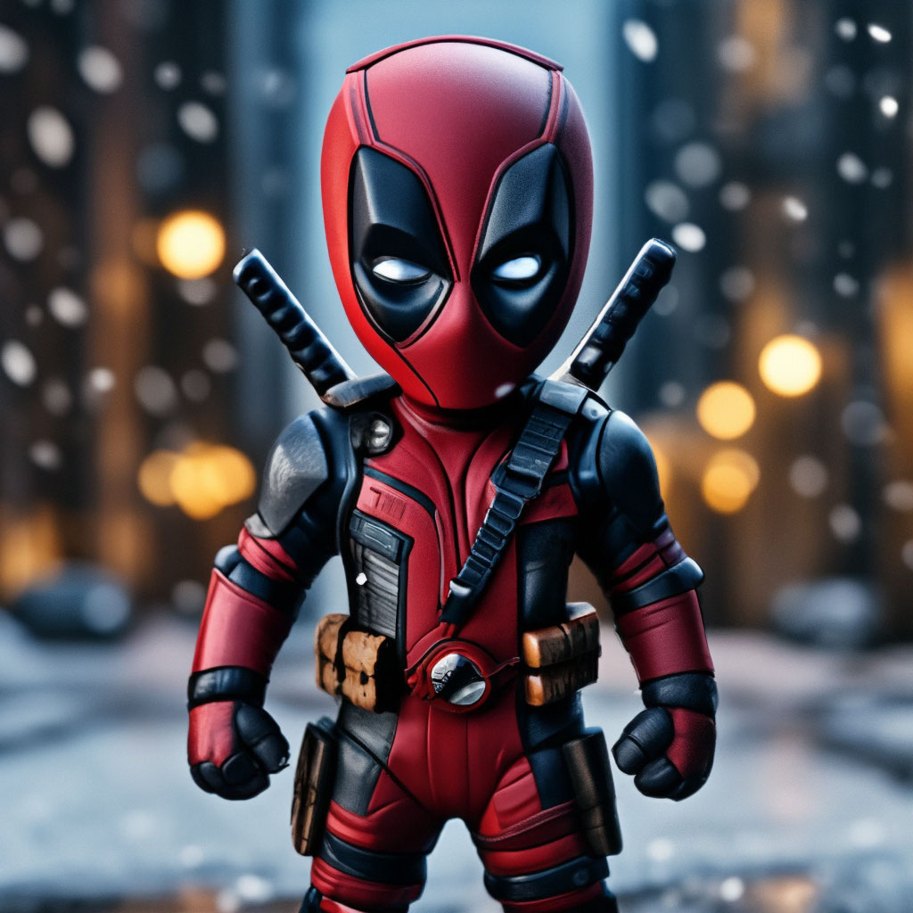 "A very small cute baby deadpool in full growth. legs are visible ...