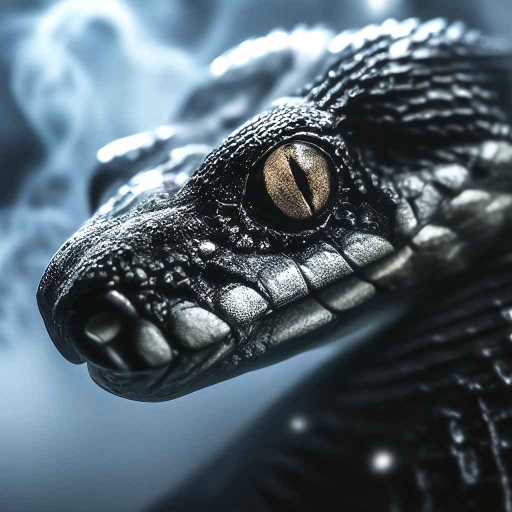 "Hyper realistic beautiful misty, consisting of smoke cute black snake ...