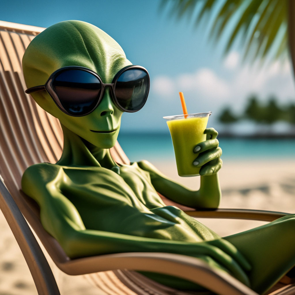 "Alien with dark glasses drinks a smoothie lying on a beach chair on a ...