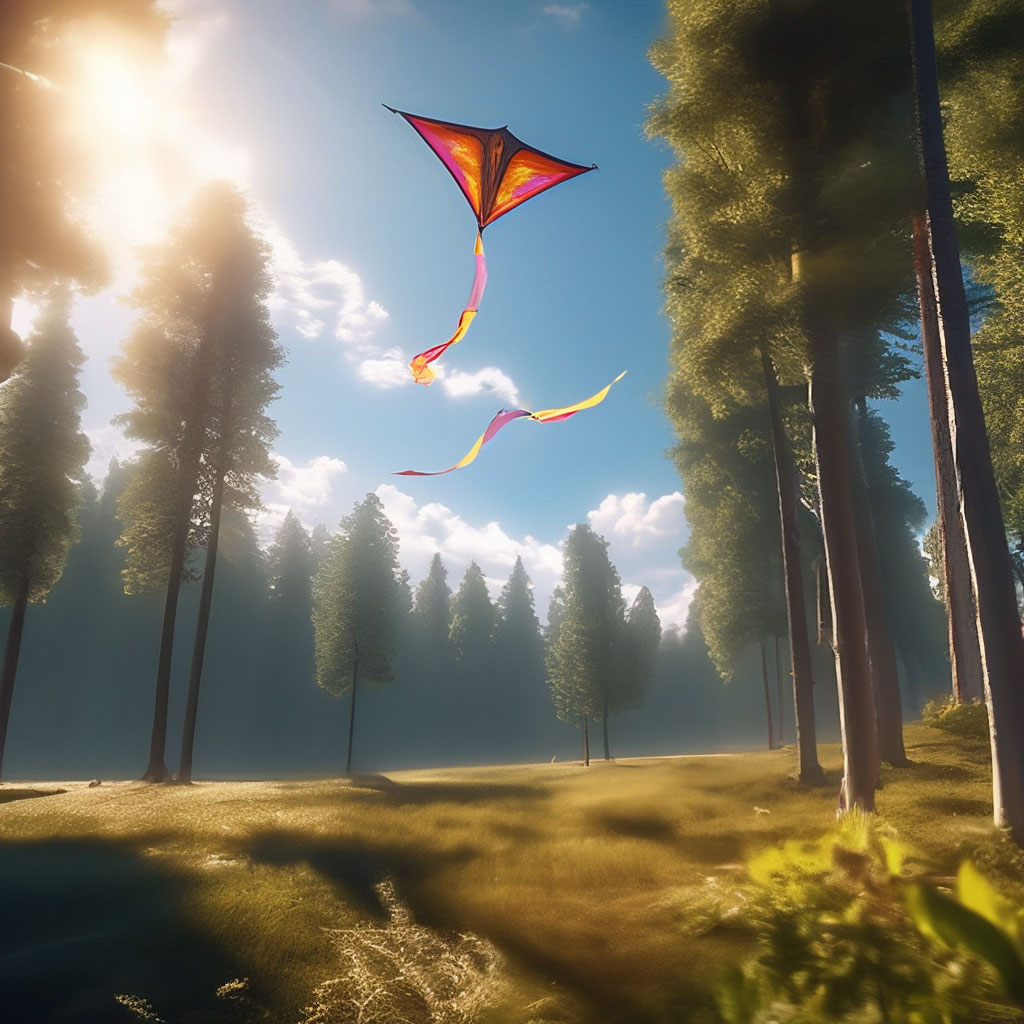 "Kite flying over a forest clearing, wind, forest, sun rays, …" — image ...