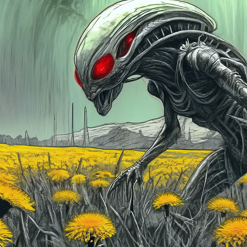 "*Invasion* An alien with red eyes steps through a field of dandelions ...