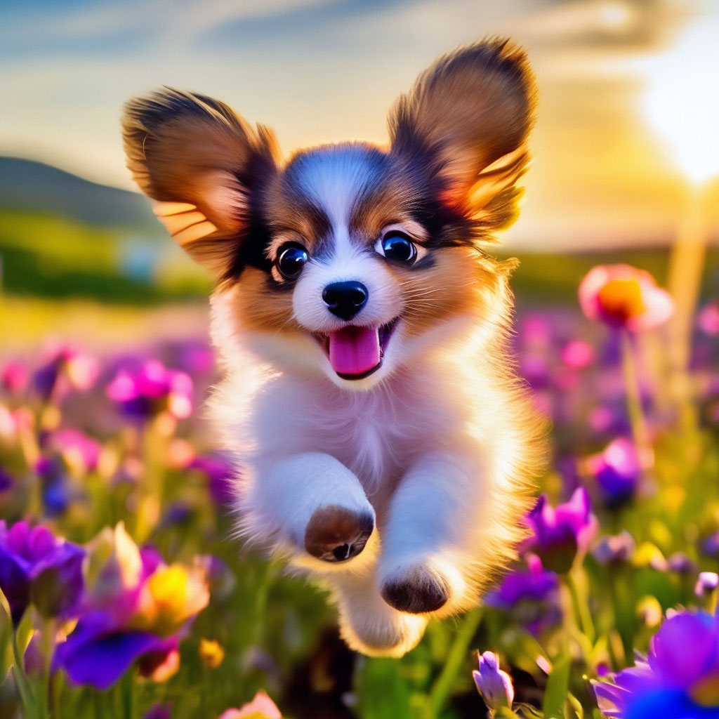 "Incredibly sweet baby papillon puppy flies over a flower field ...