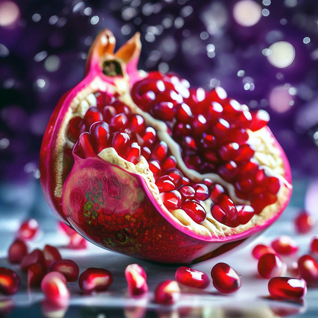 "An open colorful pomegranate with sparkling seeds" — image created in ...