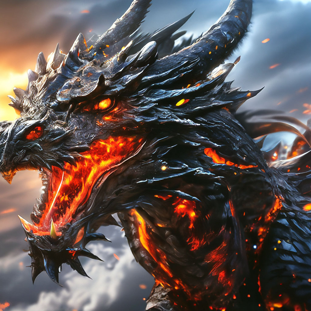 "Dragon of many small facets of black coal, sky, veins-fiery lava, full ...