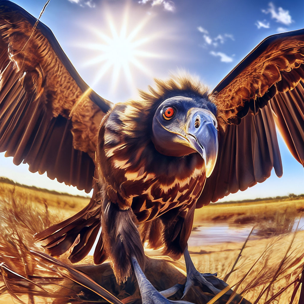 "African savannah, vulture spread its wings, close-up, fisheye ...