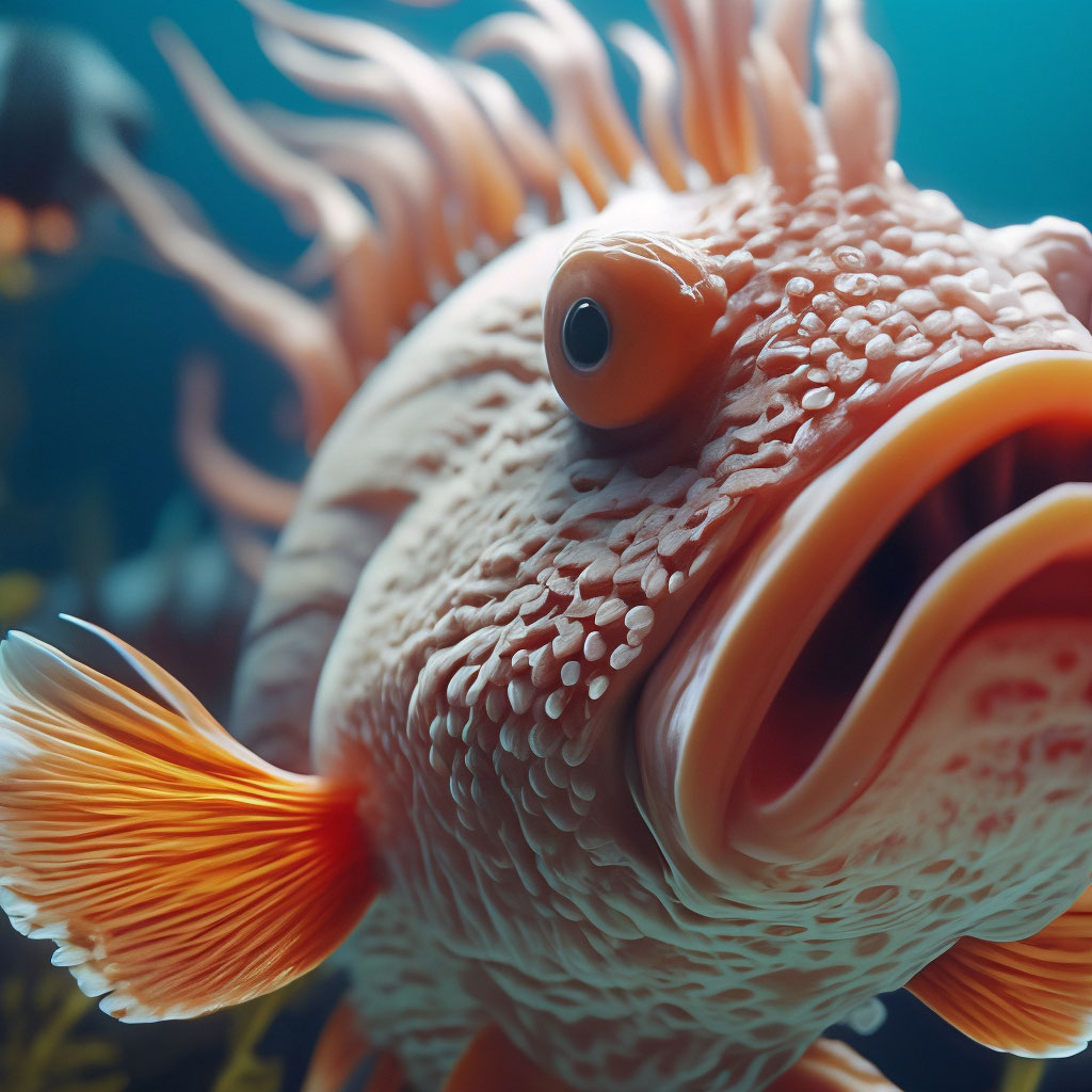 "Creep fish with long hair, funny, bright, random angle, surrealism ...