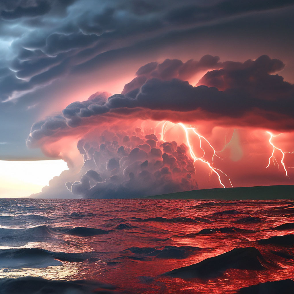 "Storm aesthetics,large waves,storm front,red storm and lightning ...