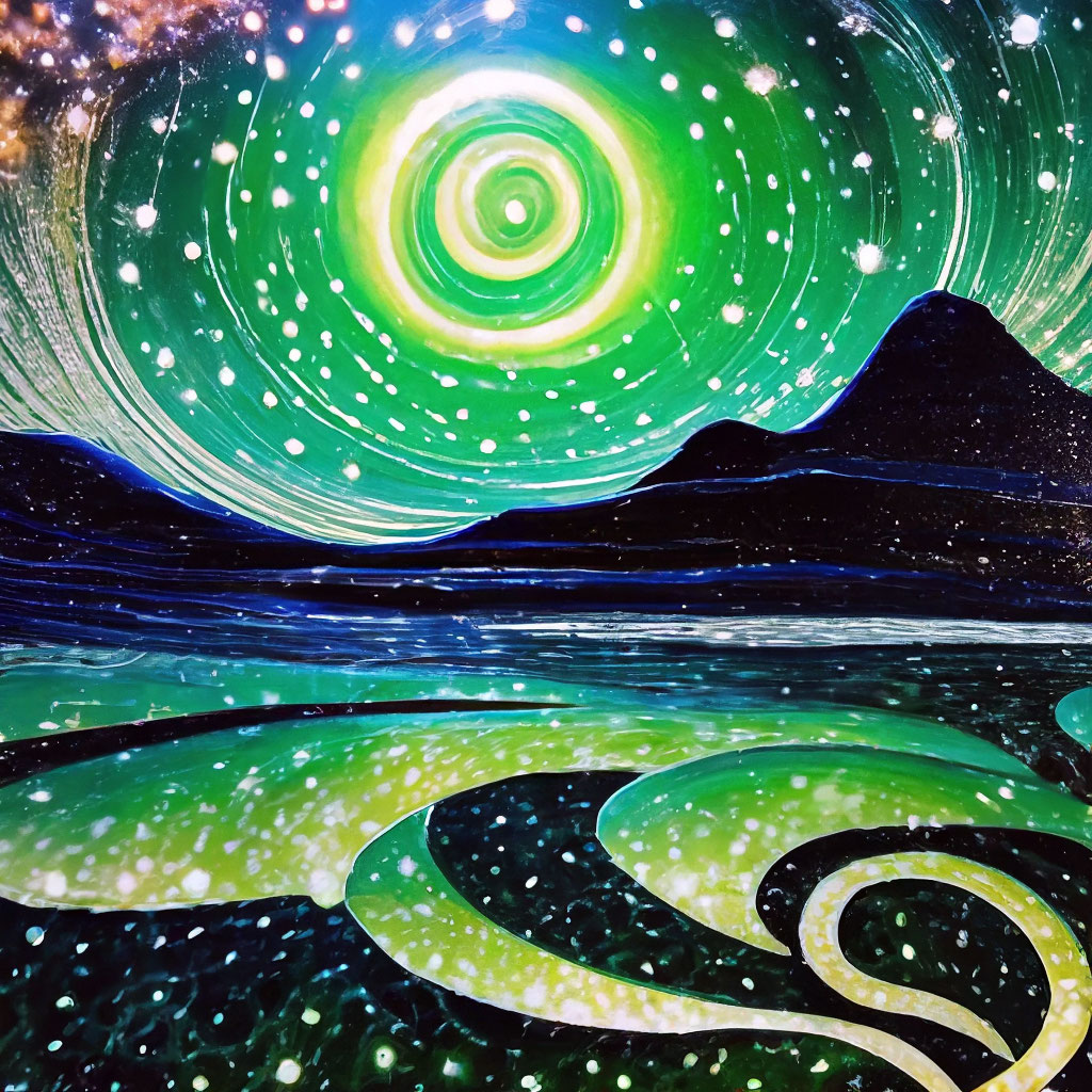 "🌟 Silhouette painting, green linens Kyan bhasma oil paint, starry sea ...