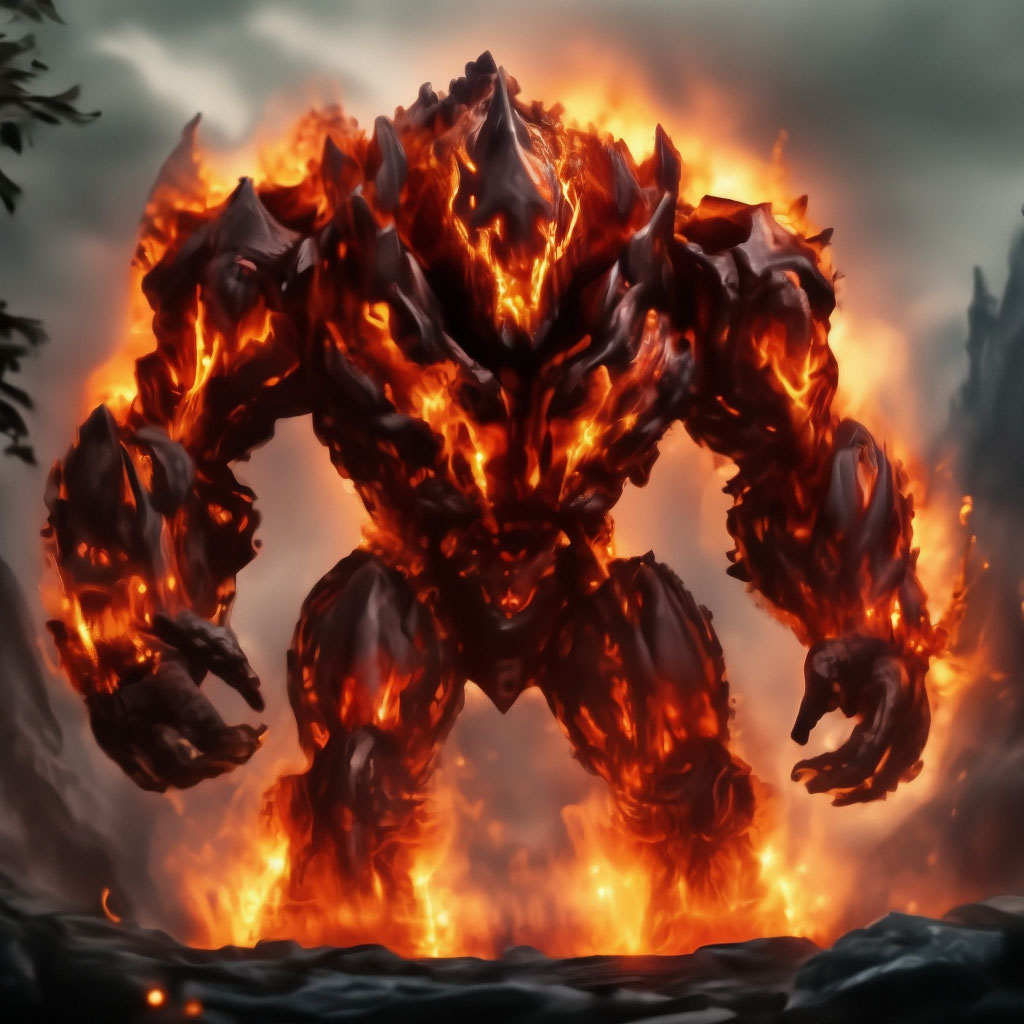 "Fire golem The giant fire golem is on fire" — image created in Shedevrum