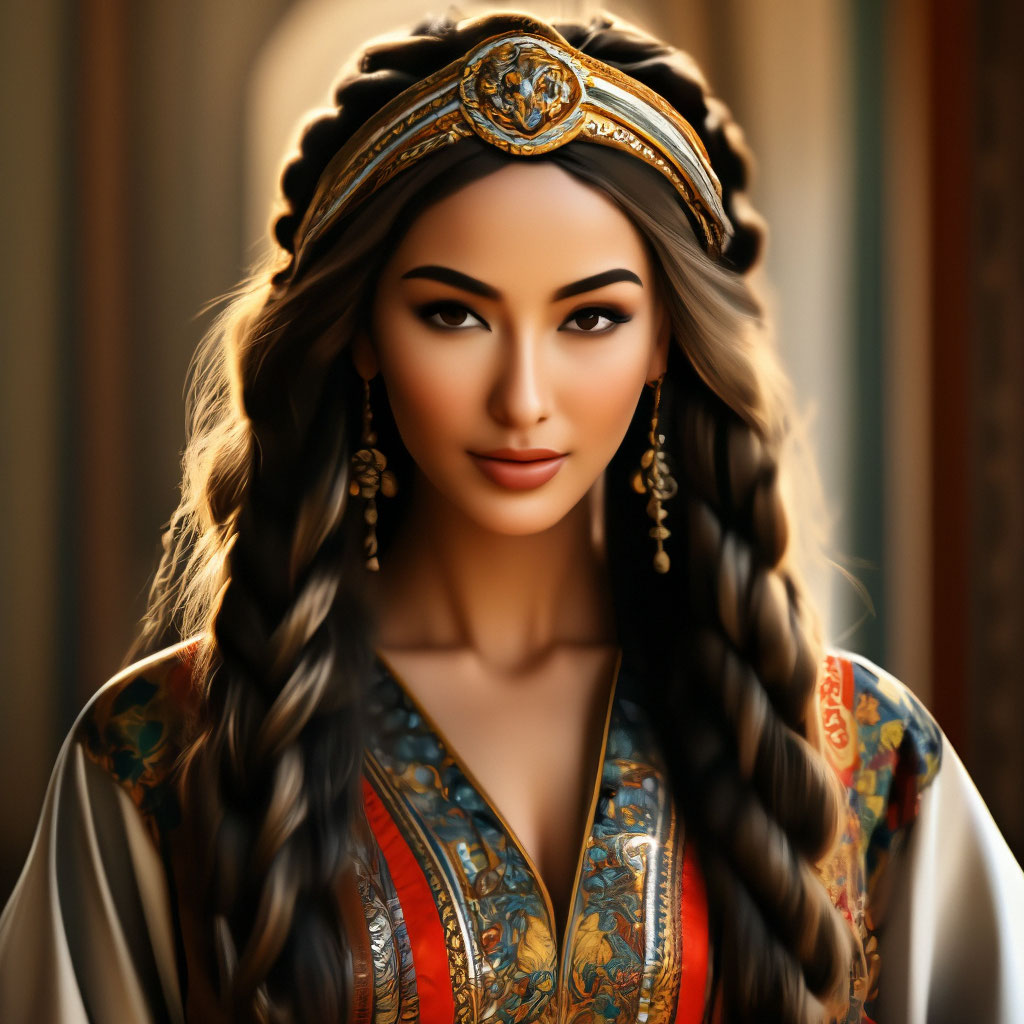 "A very beautiful Uzbek woman in Uzbek national costume braids her ...