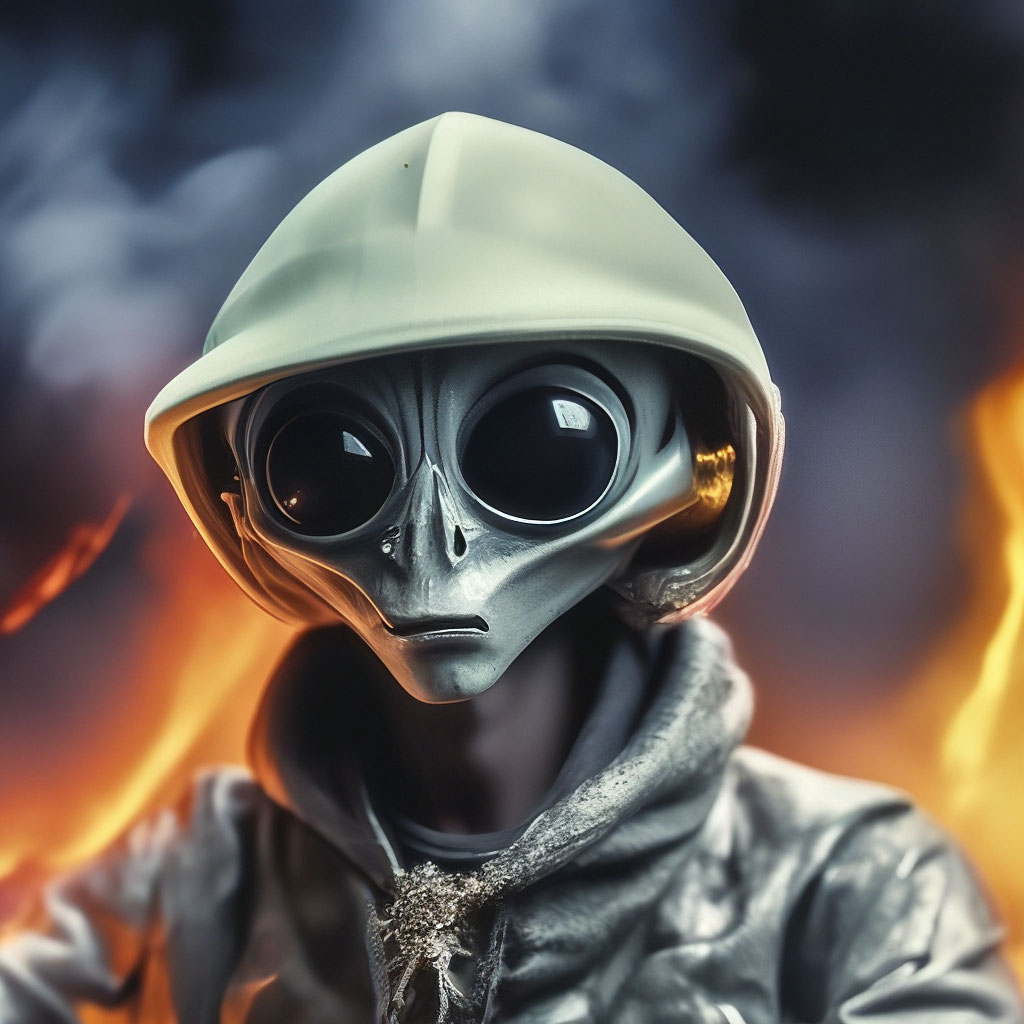 "An alien rapper with big black eyes raps in the style of trash polka ...