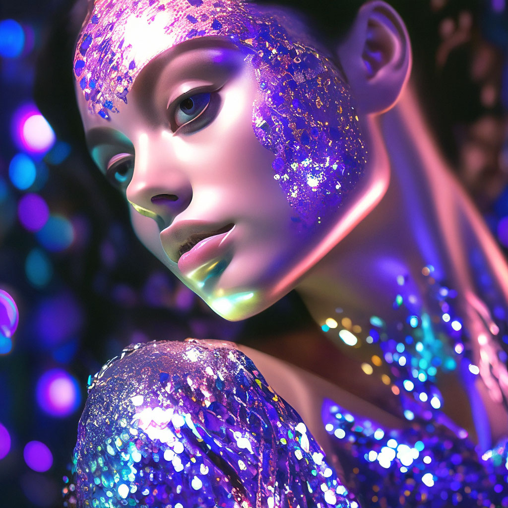 "🦋 a girl with purple shiny skin, completely sequins, plump lips, dark ...