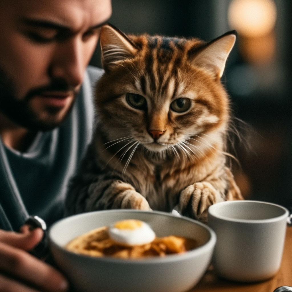 "Breakfast, a realistic cat is sitting on his knees, a man is eating ...