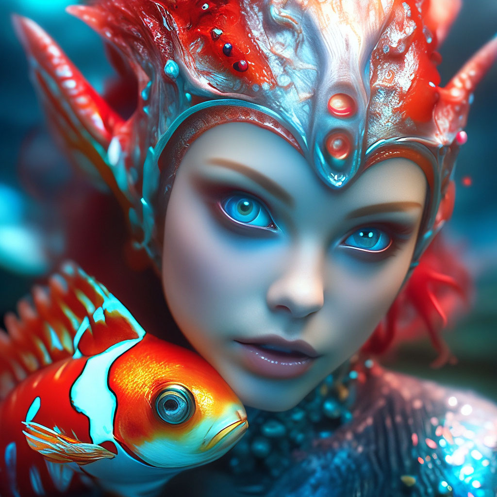"Photorealism,, unusual,spectacular alien girl in symbiosis with a fish ...