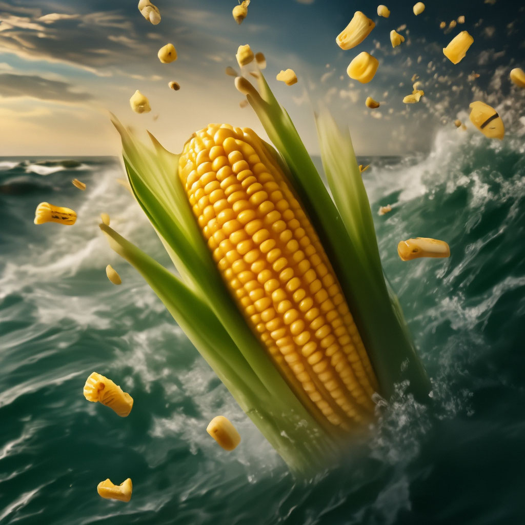 "Top view, corn flies out of the ocean" — image created in Shedevrum