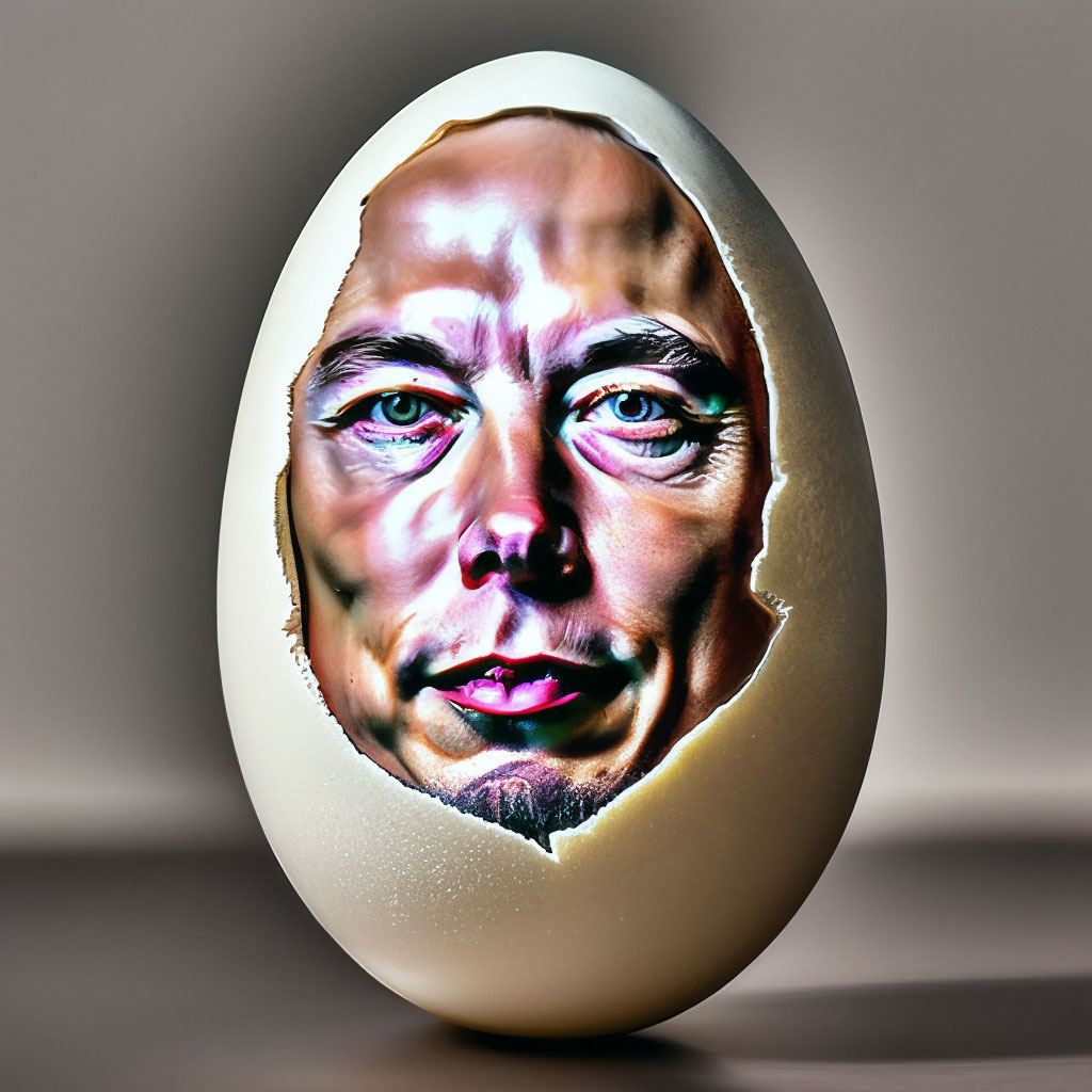 "Beige chicken egg with Elon Musk's face" — image created in Shedevrum