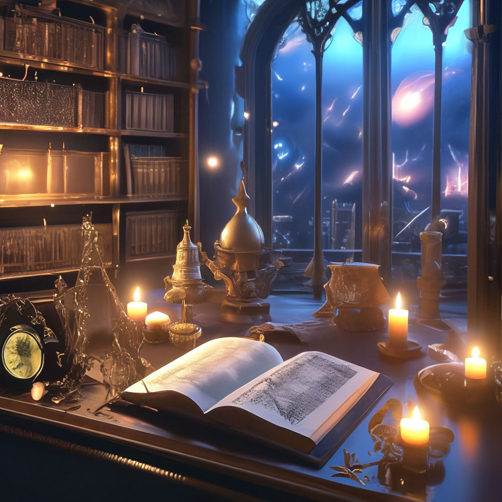 Dark fantasy, deivindarium, magic room with library, portal, old ...