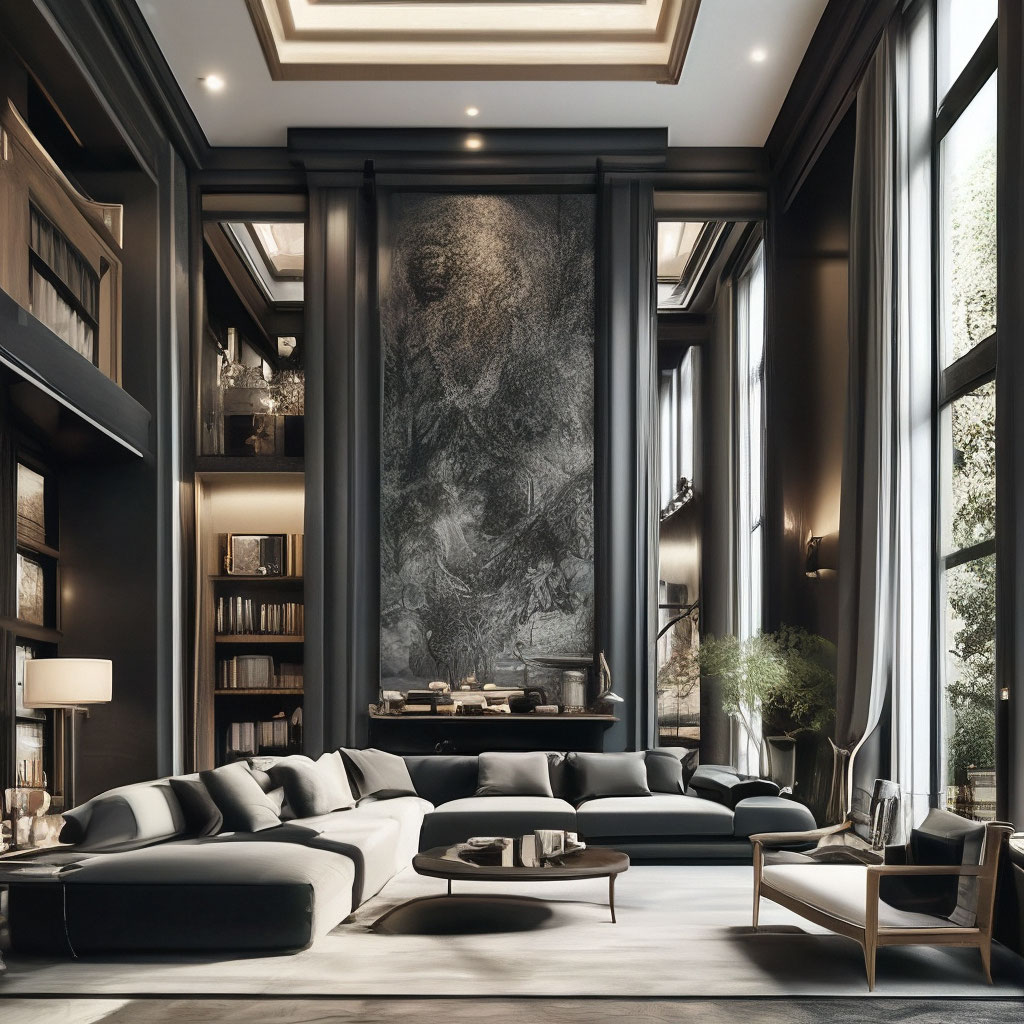 "A room in an apartment interior black stone and wood neoclassical ...