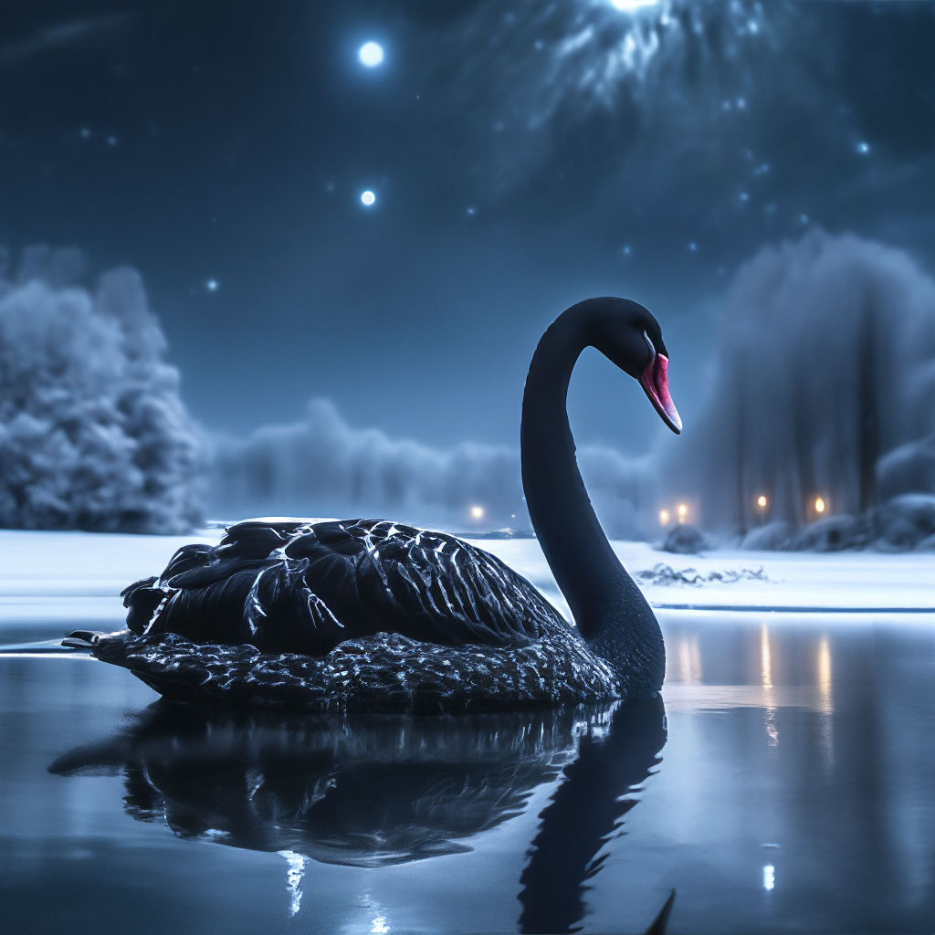 "Black swan, close-up, winter, lake, night, stars, full moon ...