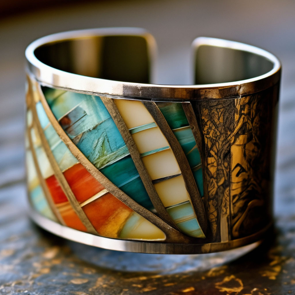 "Wide bracelet, inlay, chasing, stucco, inlay" — image created in Shedevrum