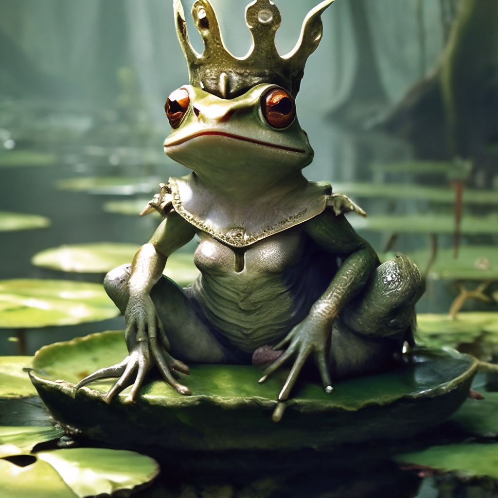 "Frog princess in the form of a frog sits on a lily pad, swamp, human ...
