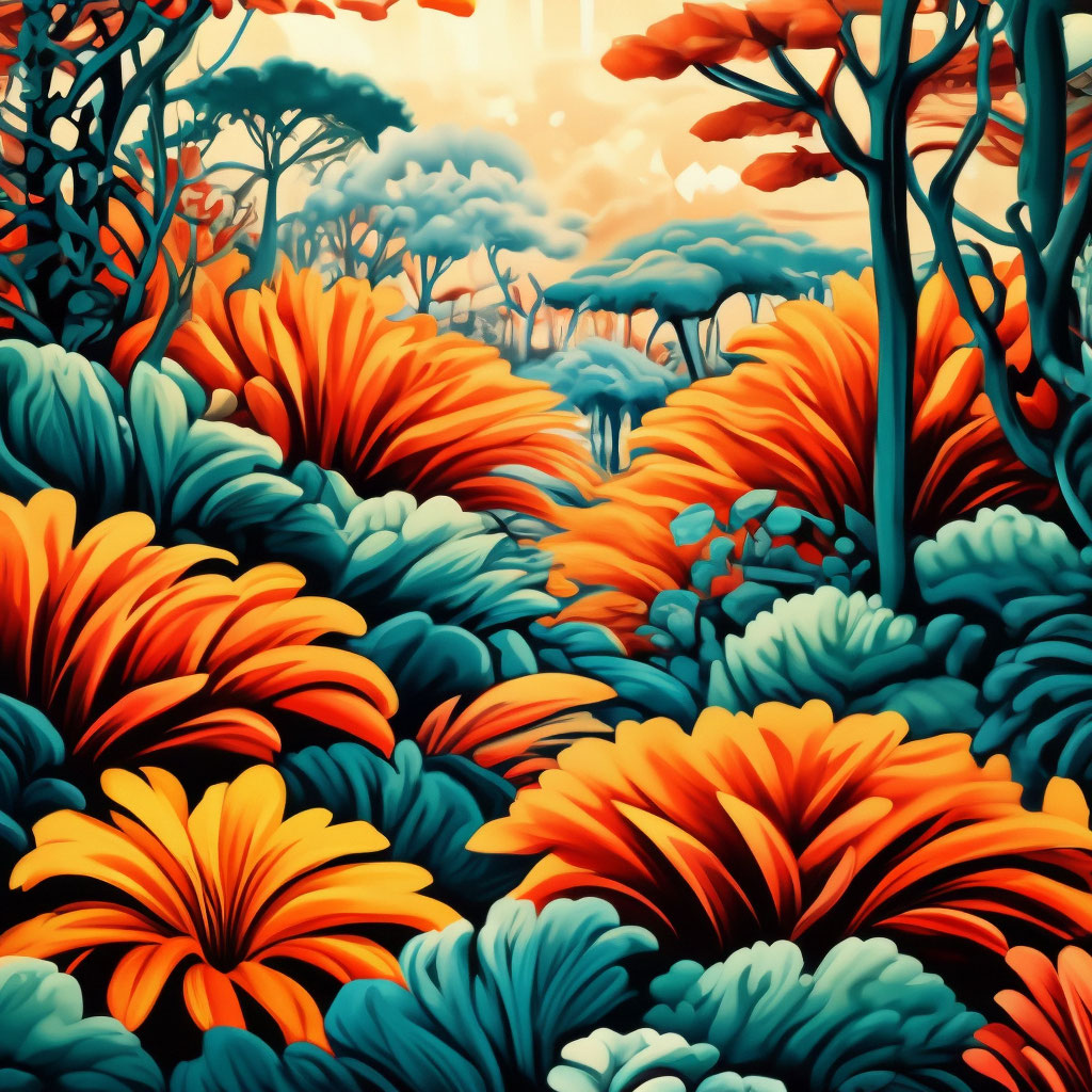 "Exotic abstract safari park, bushes in lush crowns,flowers, inversion ...
