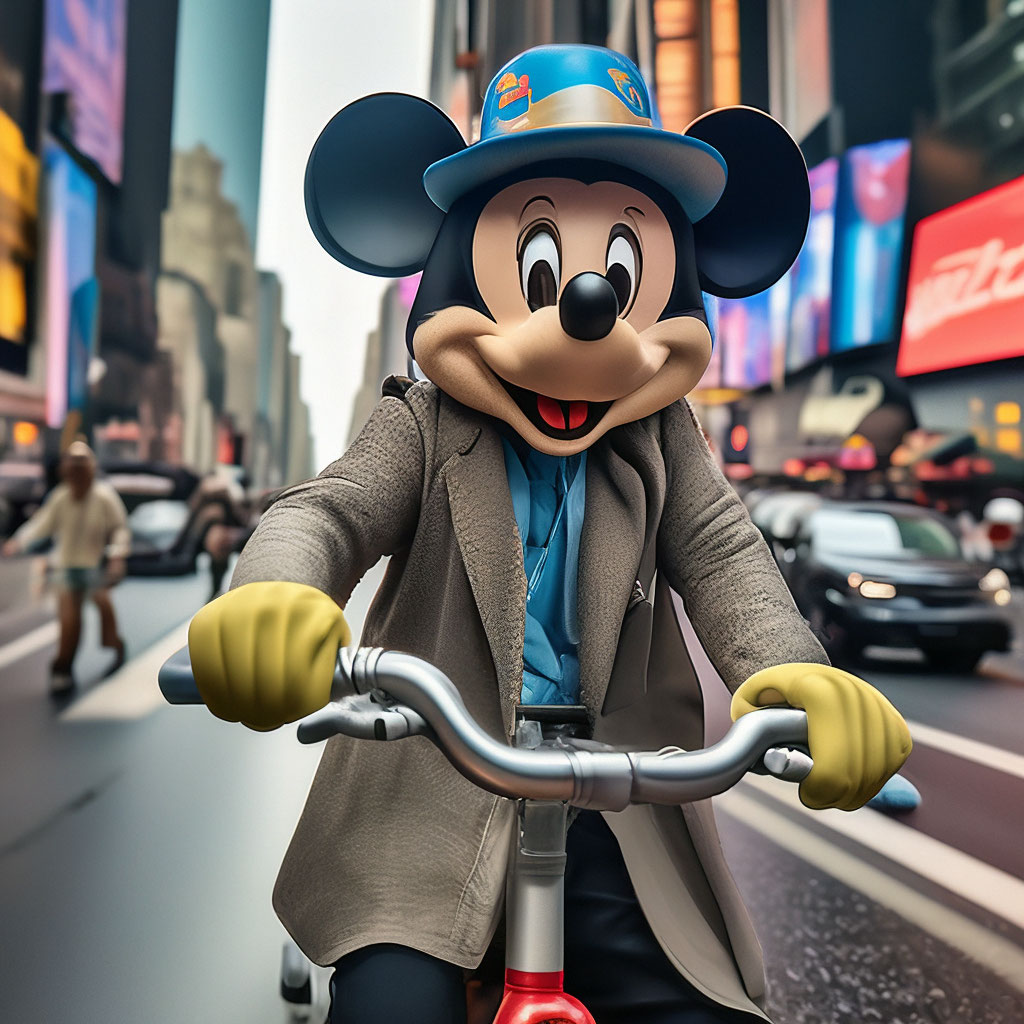 "A city, a road, a photo of Mickey Mouse riding a bicycle in Times ...