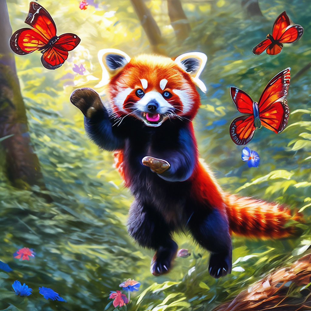 "The red panda is having fun jumping after butterflies. in the forest ...