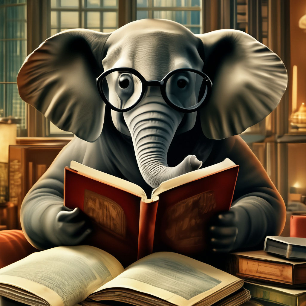 "An elephant with glasses reads a book" — image created in Shedevrum