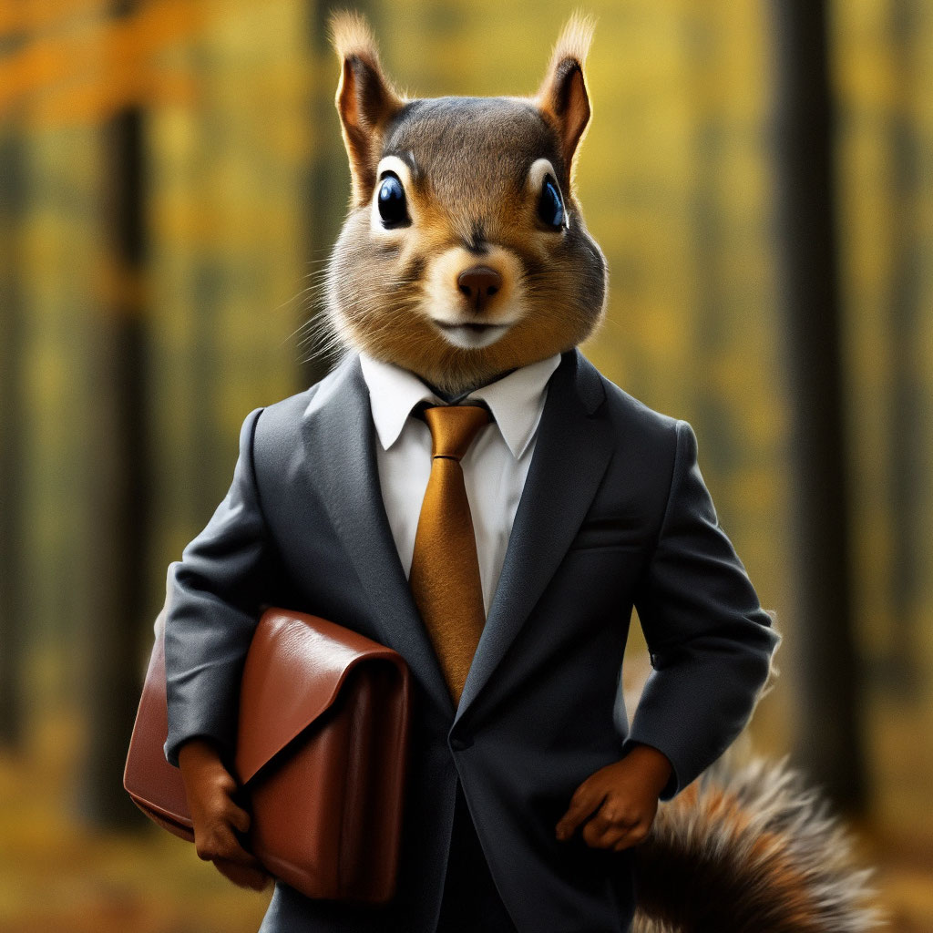 "A squirrel in an office worker's suit, with a briefcase and a tie ...